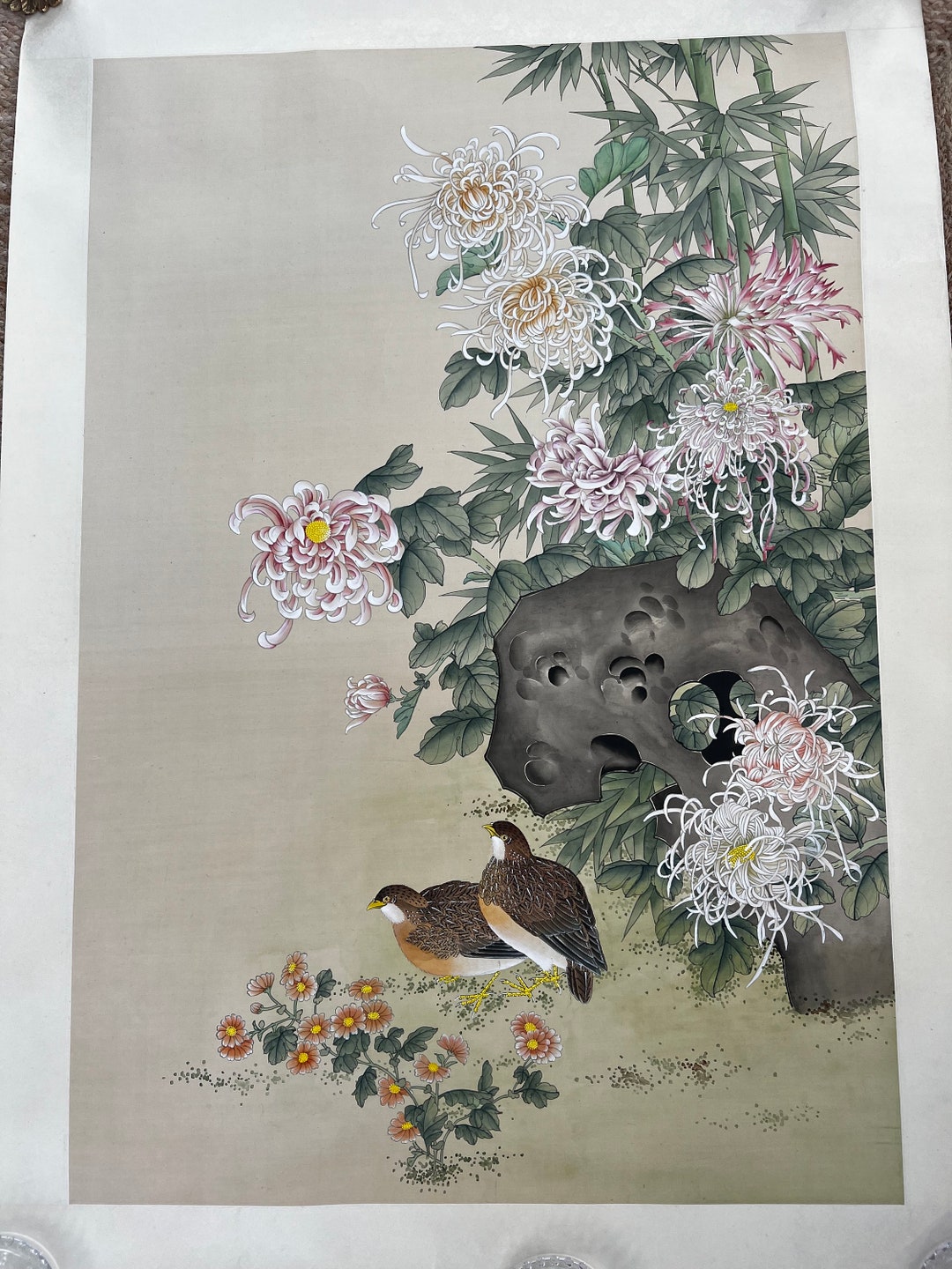 34” X 23” Hand-painted Silk Panel // Pair of Quail and Chinese ...