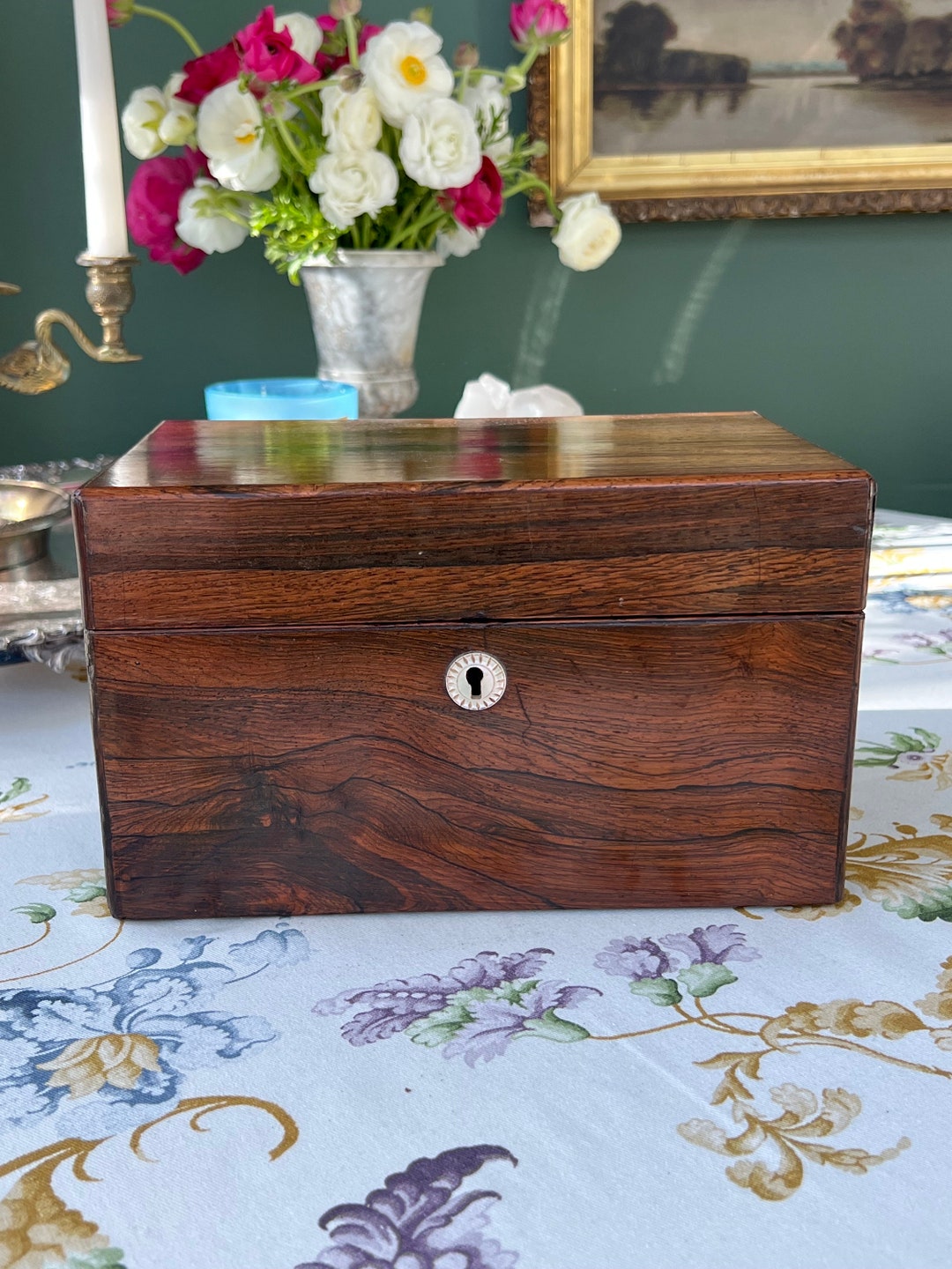 Antique Wooden Tea Caddy Box With Mother of Pearl Escutcheon // English ...