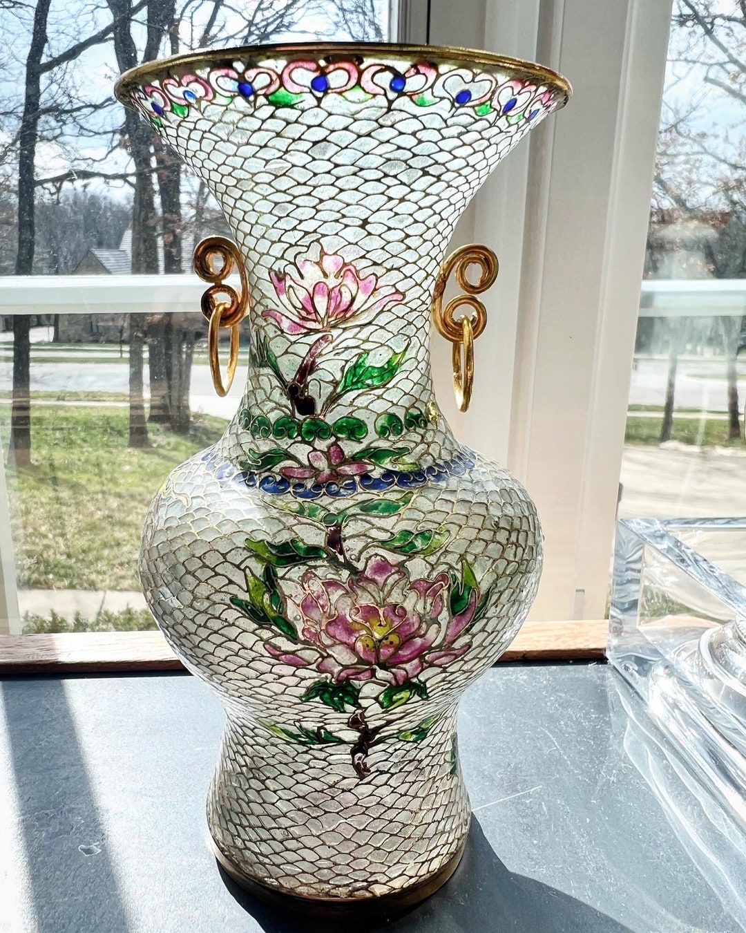 Pair of Antique Plique-a-jour Cloisonne Vases With Colorful Transparent ...