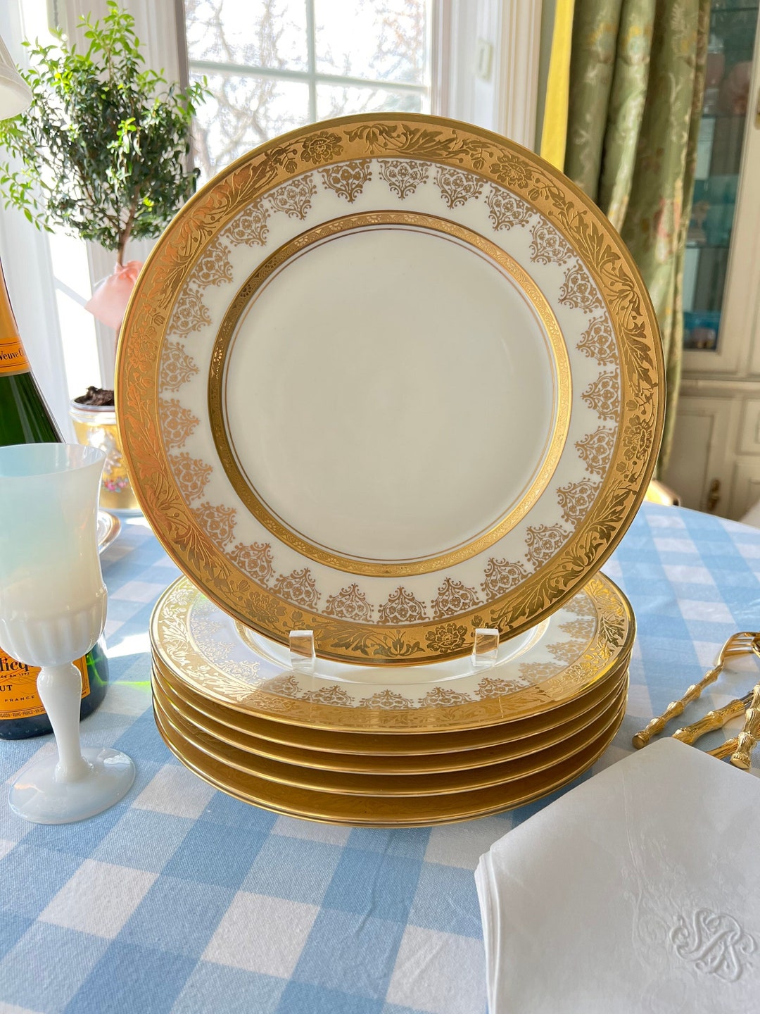 Gold Encrusted Dinner Plates // Set of 7 // 11 Inch Plates // - Etsy
