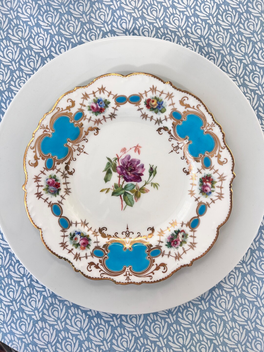 Cauldon England Hand-painted Plate // Blue Enamel With Floral Center ...
