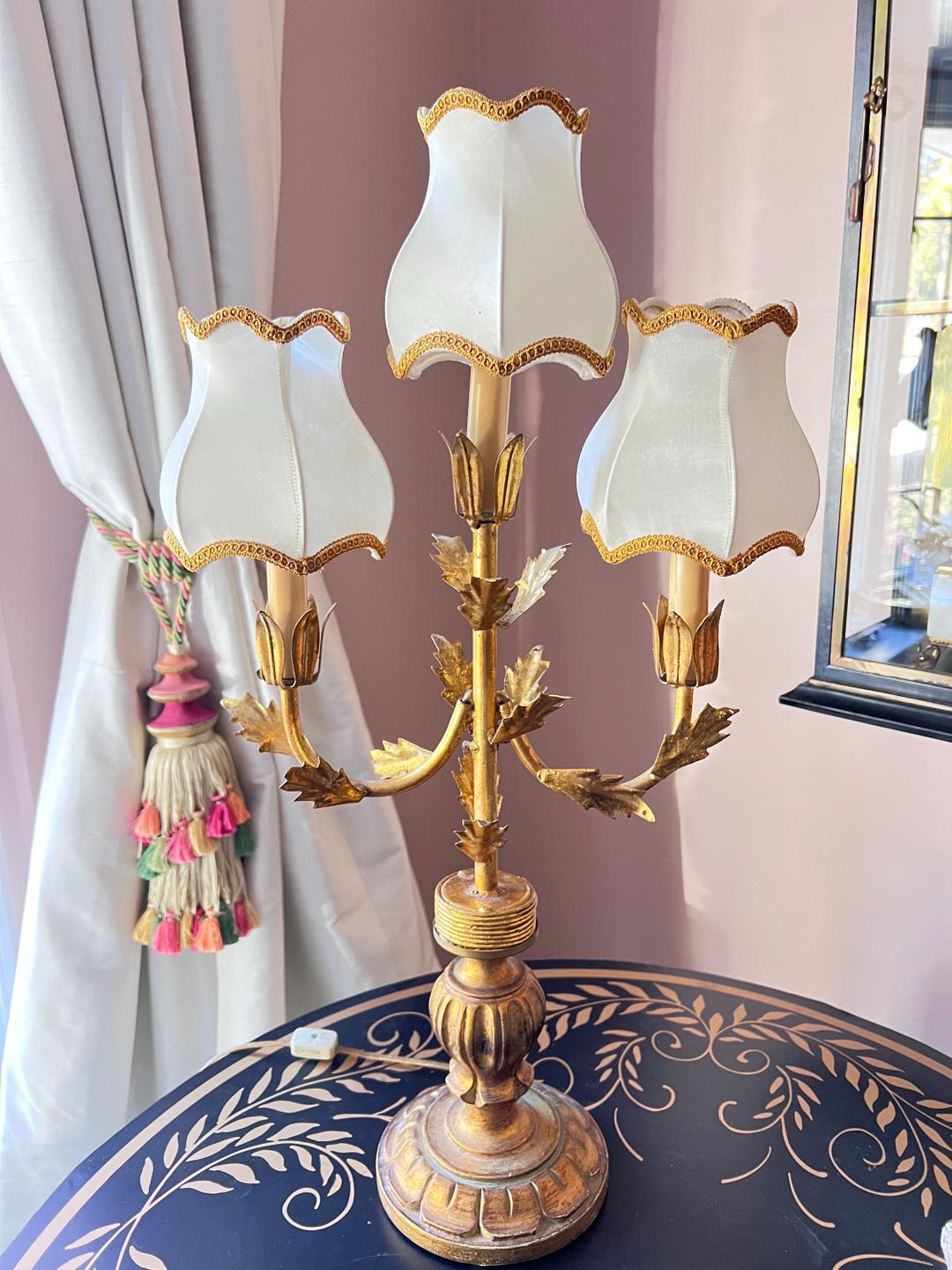 Beautiful Gilt Tole Three-bulb Table Lamp With Original Silk Shades ...