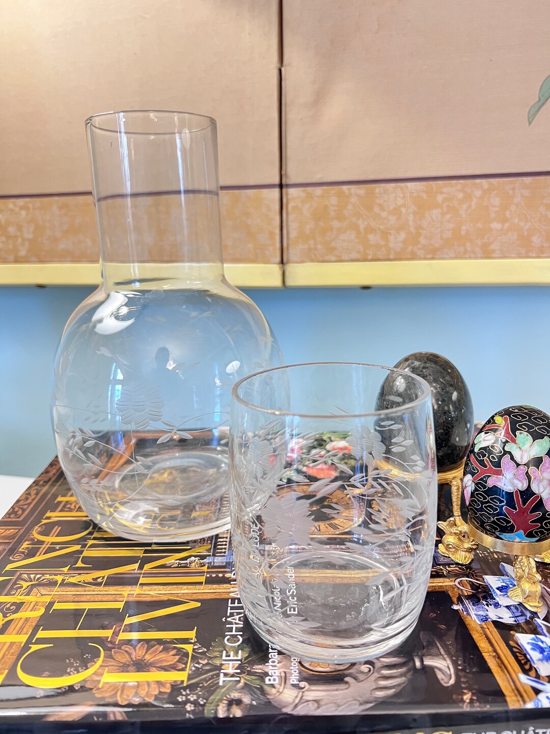 Beautiful Vintage Etched Glass Bedside Carafe and Tumbler Set // Guest ...