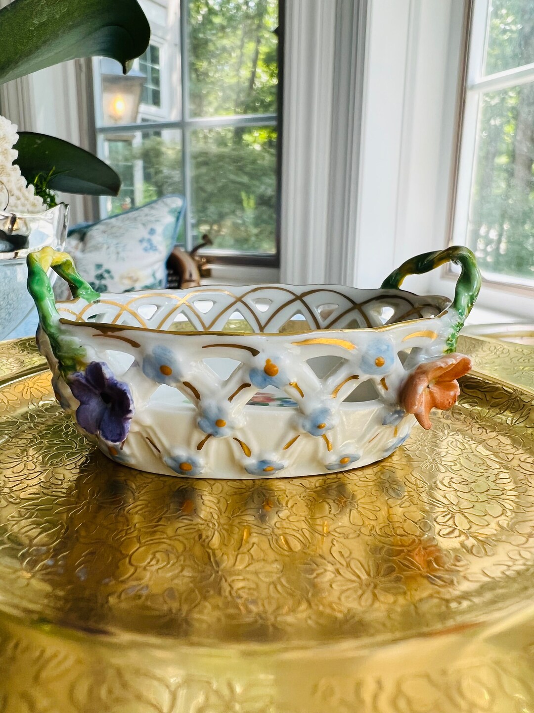 Vintage Dresden Basket // Hand Painted Porcelain Basket // Pierced ...