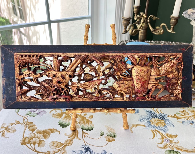 Hand Carved Gilt Chinese Wall Plaque // Brush Pot and Temple Jar ...