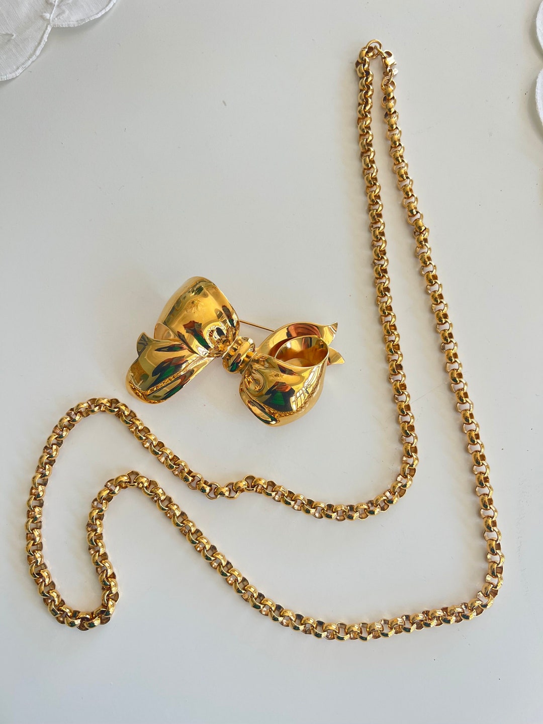 Beautiful Vintage Monet Costume 36” Necklace and Gold Bow Brooch ...