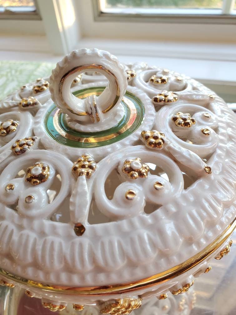 Vintage Italian Ceramic Compote With Lid // Gold and Green // Pierced ...