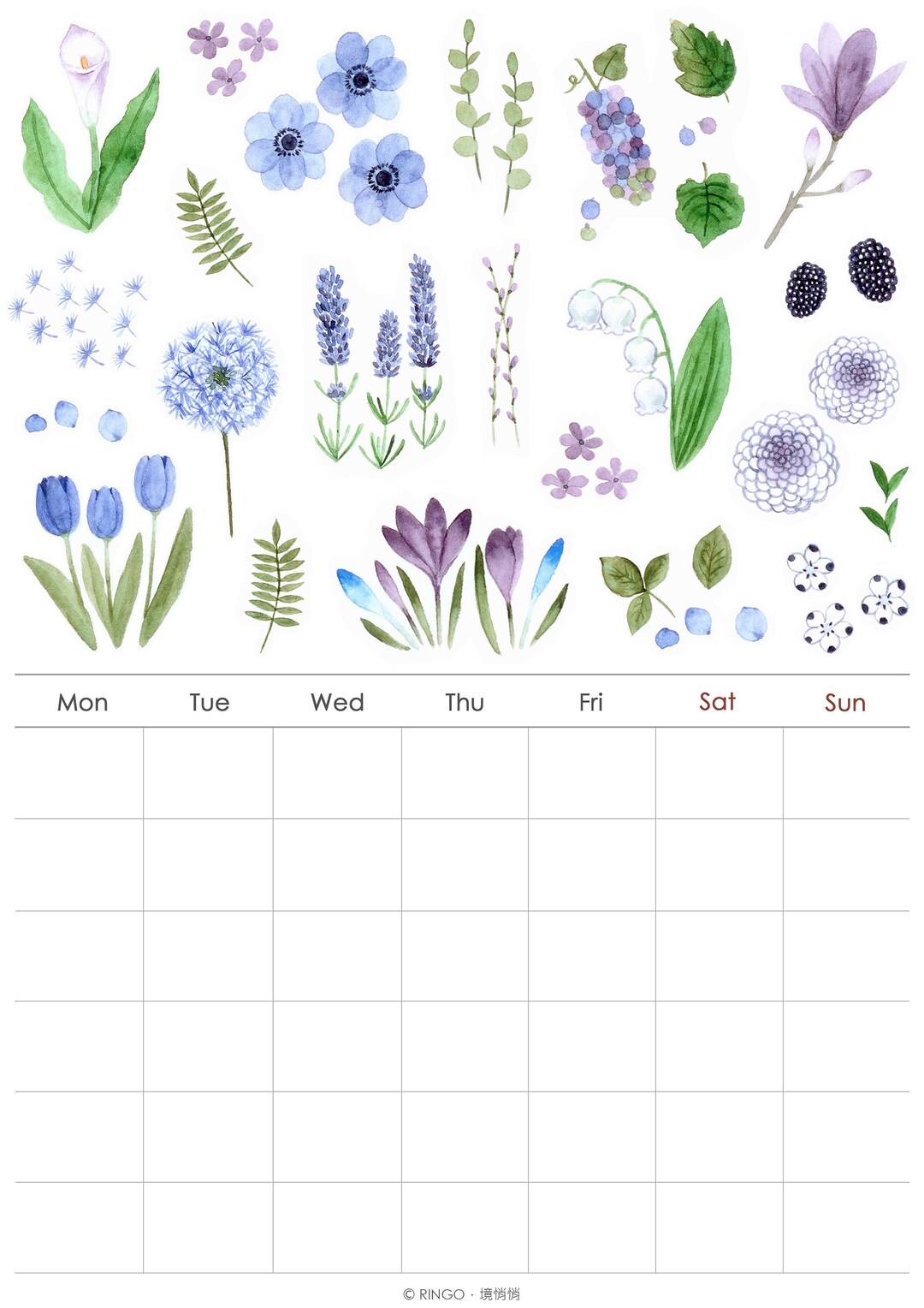 Monthly Calendar Planner Printable One Page Calendar Digital A4 ...