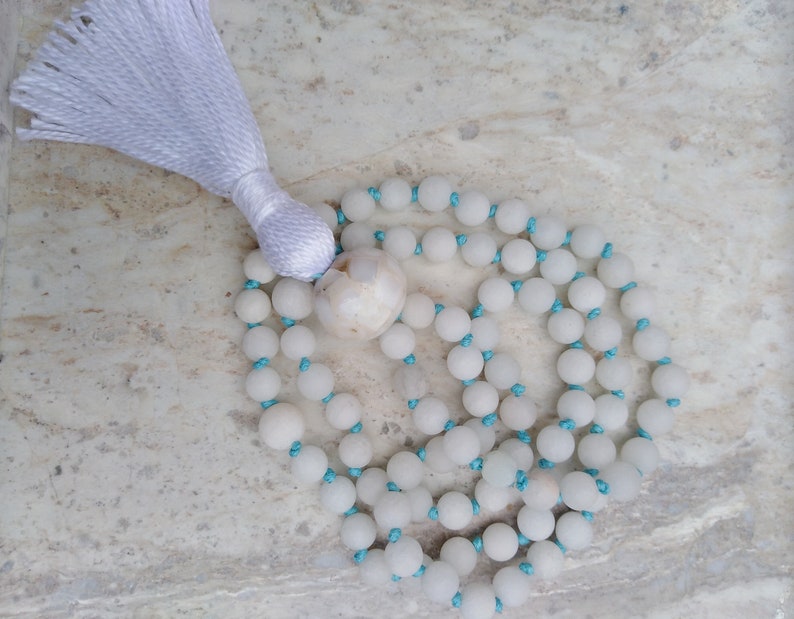 81 Bead Mala, White 81 Mala, White Frosted Jade Mala, Hand Knotted Mala ...