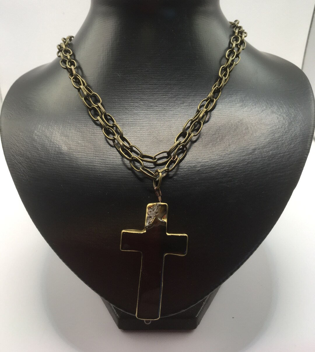 Boho Cross Necklace, Long Bronze Chain With Black Cross, Upcycled Cross ...
