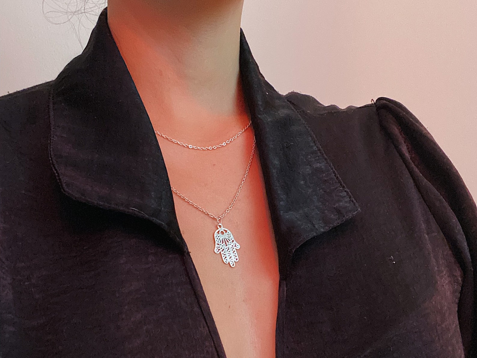 Layered Silver Chains With Hamsa Hand, Layered Silver Chains With Hand ...
