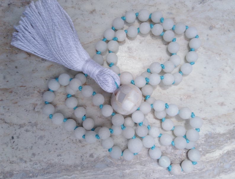81 Bead Mala, White 81 Mala, White Frosted Jade Mala, Hand Knotted Mala ...