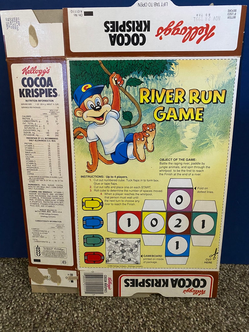 Vintage 1990 Kelloggs Cocoa Krispies Cereal Box River Run Game - Etsy