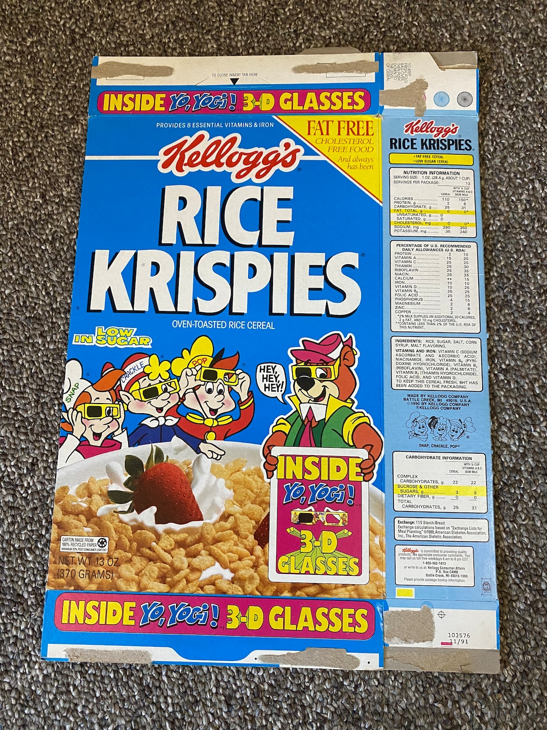Vintage 1991 Kellogg's Rice Krispies Yo Yogi Cereal Box and 3D Glasses ...