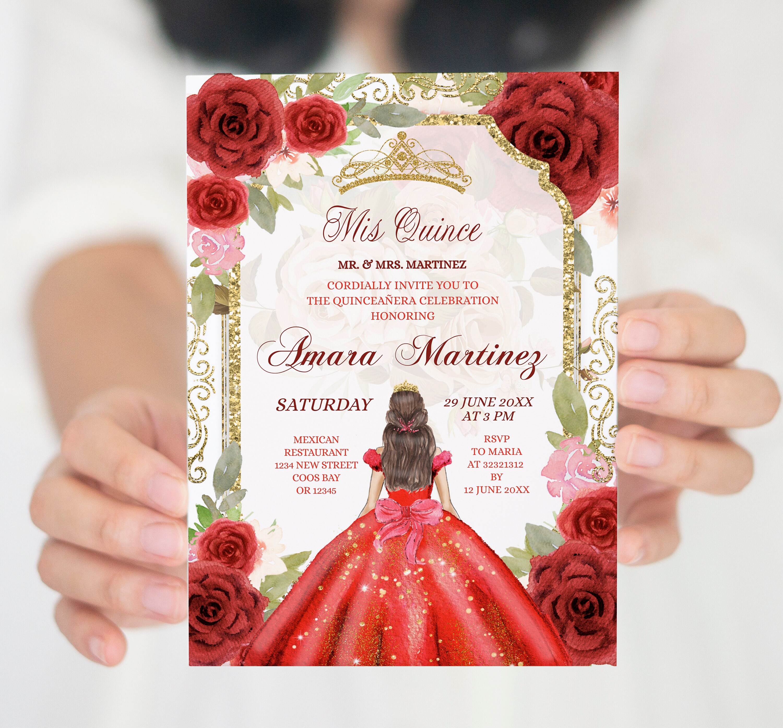 Editable Red Quiñceanera Invitation, Red Dress and Roses Mexican Girl ...
