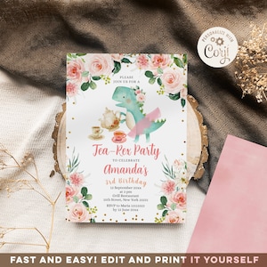 Tea-rex Tutu Party Dinosaur 3rd Birthday Invitation, Editable Girl ...