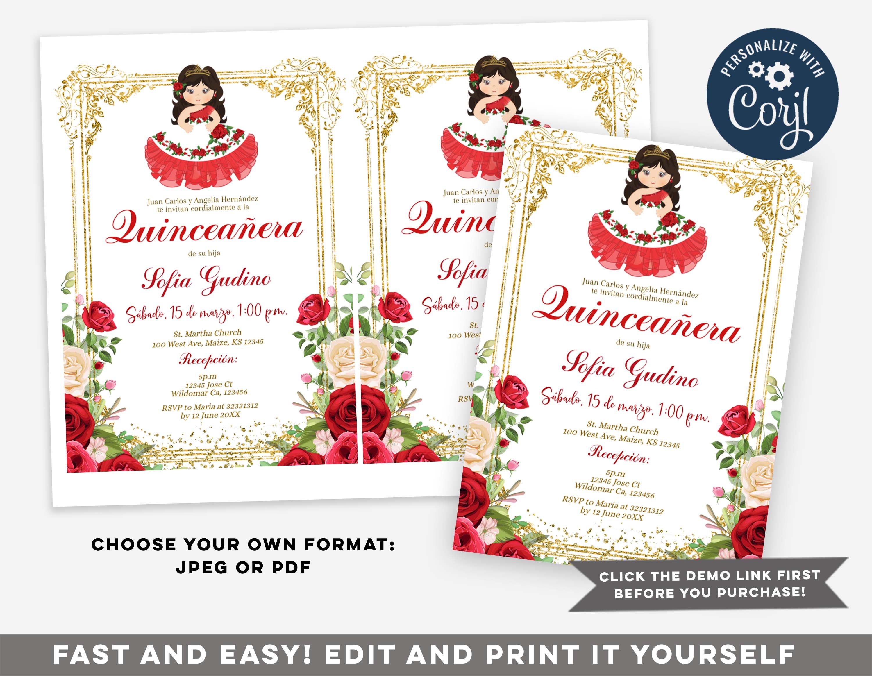 Red Quinceanera Invitation Rose Flowers Spanish Version - Etsy