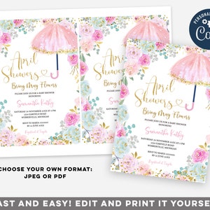 Editable Pink Umbrella April Showers Bring May Flowers Baby Shower ...