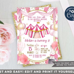 Editable Pink and Gold Carousel Girl Birthday Invitation, Girl's Pink ...
