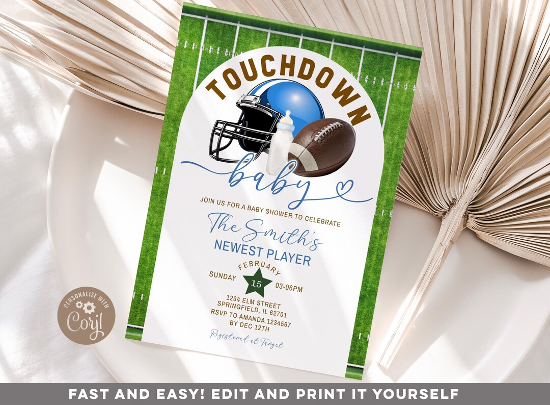 Editable Touchdown Baby Boy Football Baby Shower Gridiron Invitation, a ...