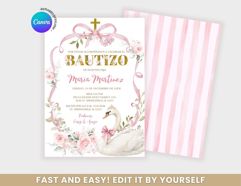 EDITABLE Swan Spanish Girl Fiesta Bautizo Y Primer Anito Pink Floral ...