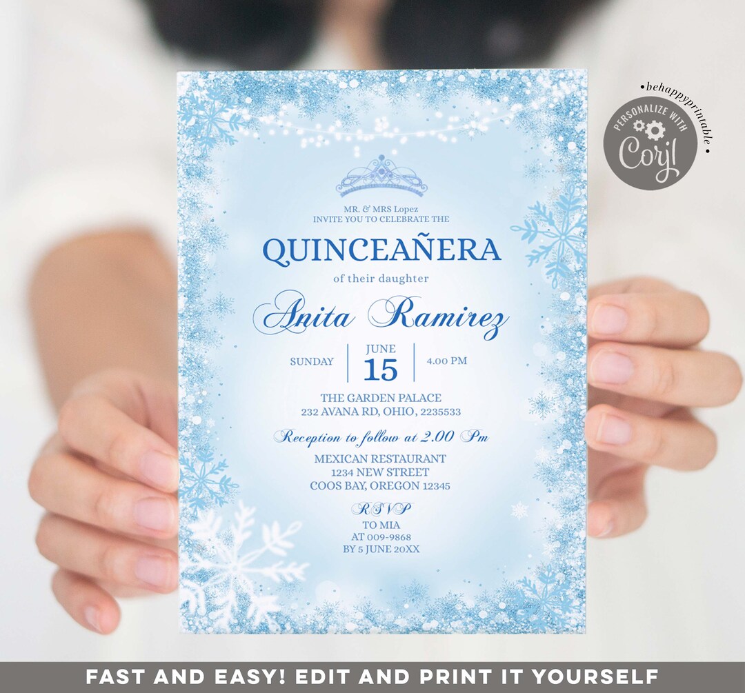 Editable Elegant Soft Blue & String Light Mis Quince Invite12, Elegant ...