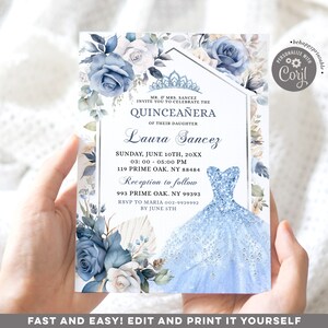 Editable Boho Dusty Blue Mis Quince Invitation, Dusty Blue Dress ...