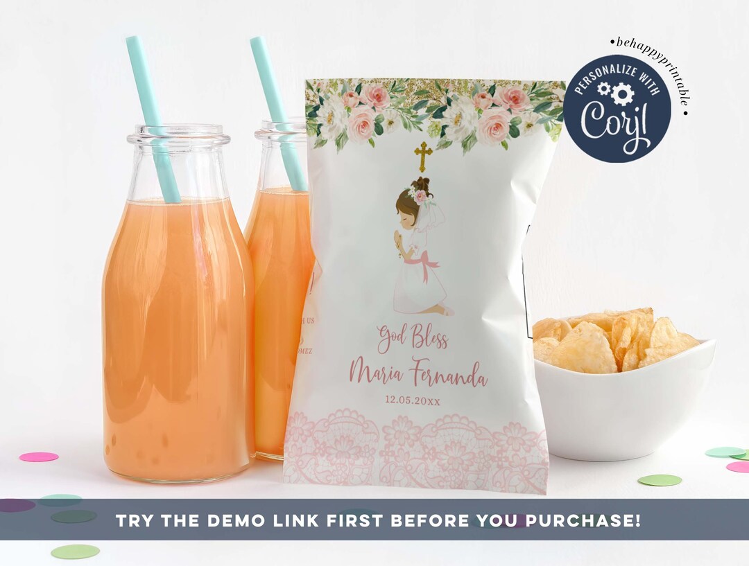 Editable Pink Girl First Communion Chip Bag Template, Pink Floral ...