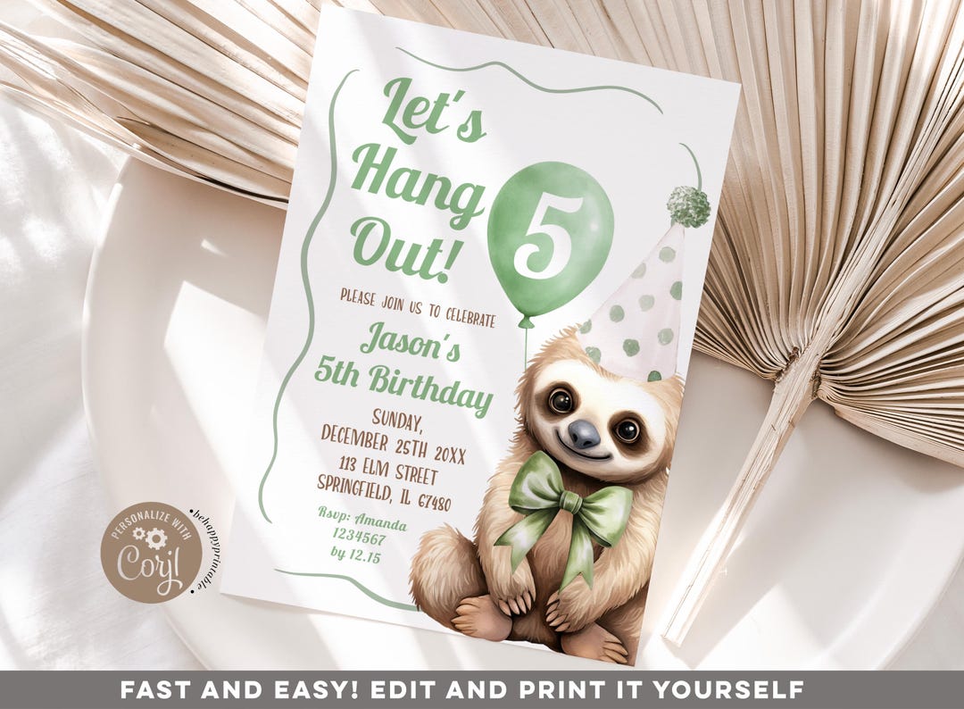 Editable Boy Sloth Birthday Invitation, Handdrawn With Bow Green Kid's ...