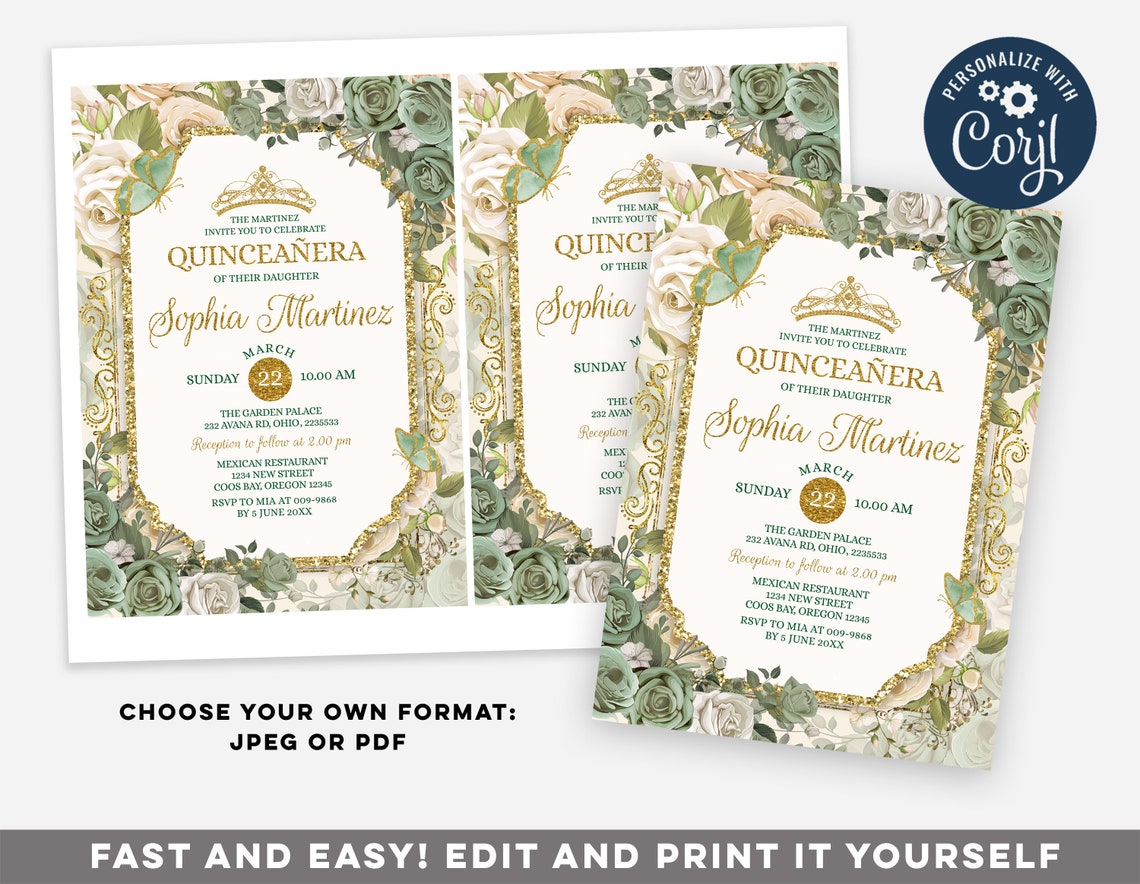Editable Quinceañera Sage Green Gold Mexican Princess 15 Anos ...