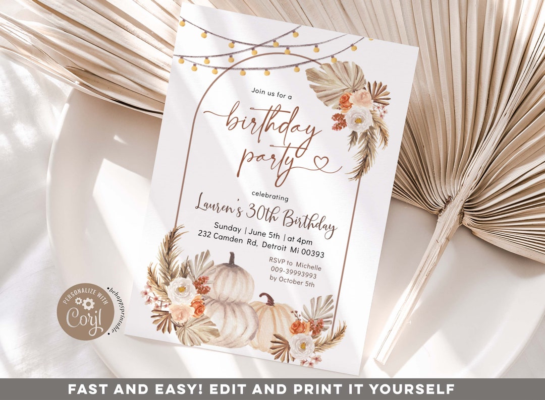 Editable Boho Rustic Pumpkin Fall Birthday Party Invitation, Elegant ...