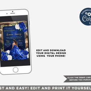Editable Royal Blue Grand Palace Mis Quince Invitation, Elegant Blue ...