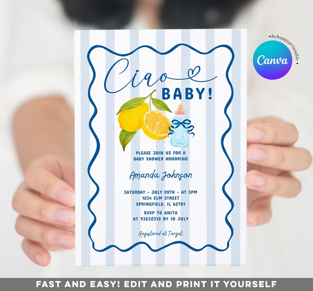 EDITABLE Ciao Baby Invitation, Blue Bow Ciao Bambino Lemon Citrus Baby ...