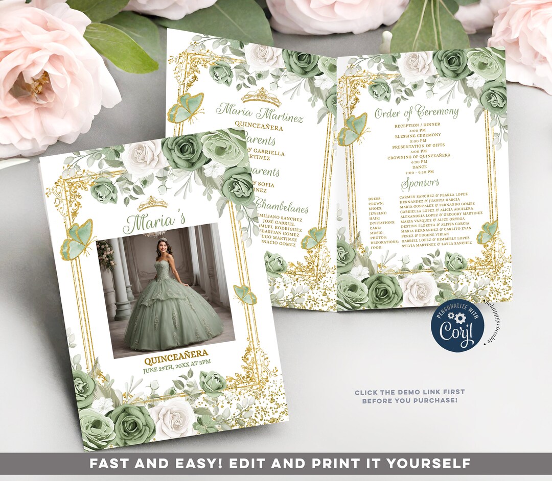 Editable Sage Green Quinceañera Program Template, Mexican Green Floral ...