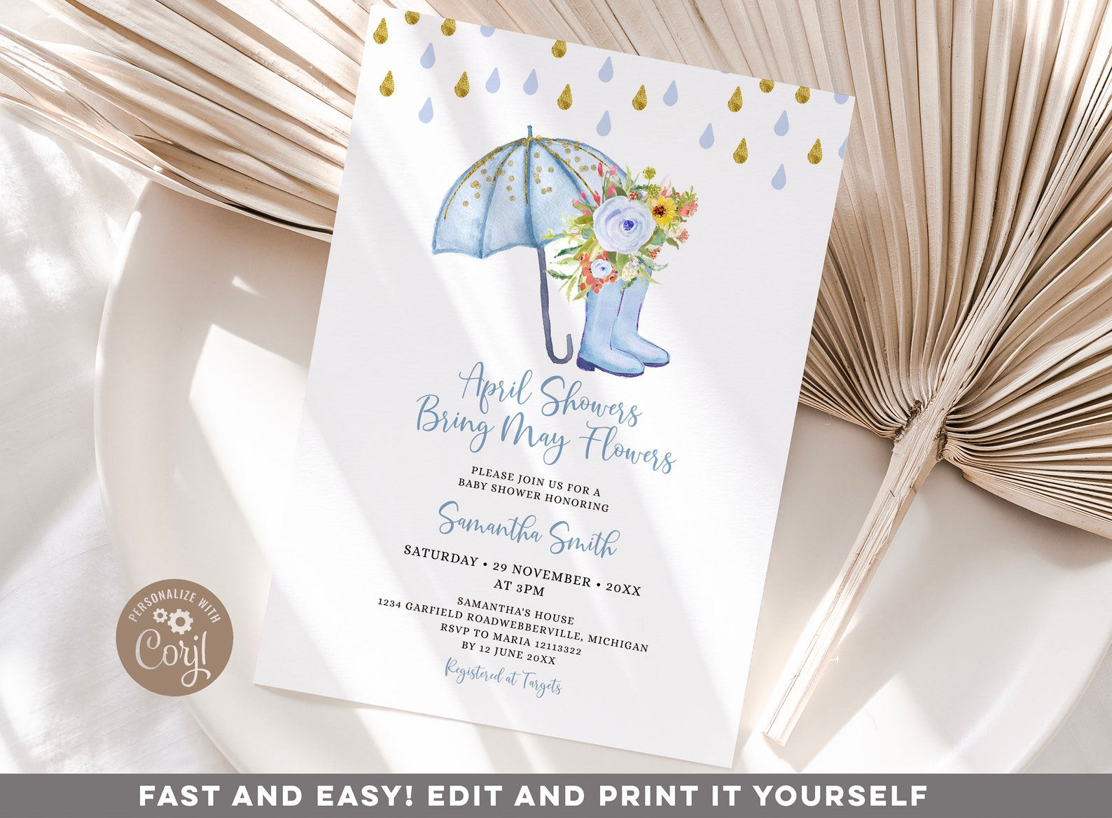 Editable Blue Umbrella April Showers Bring May Flowers Invitation ...