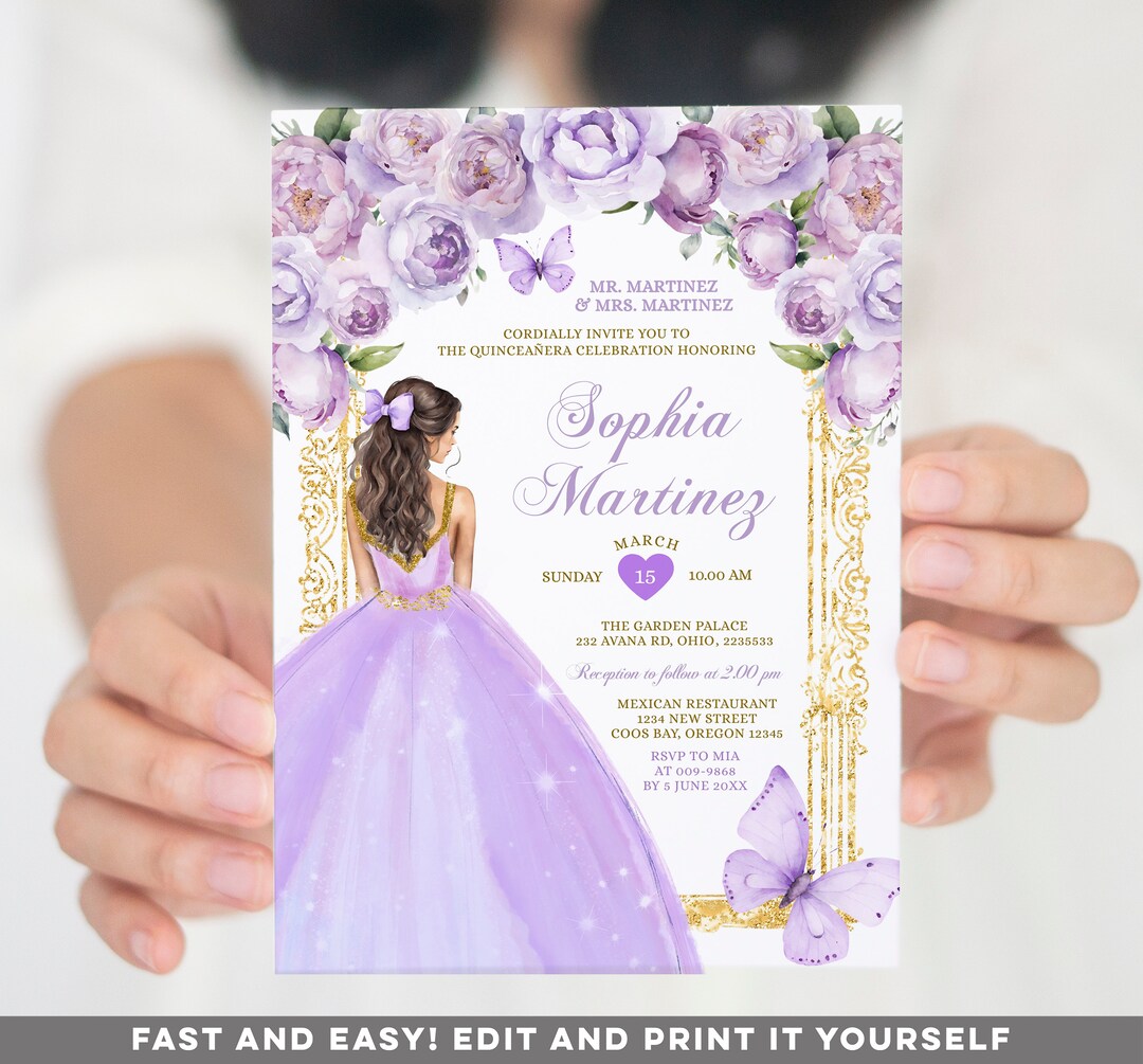 ELEGANT Lilac Mis Quince Invitation, Purple Princess Dresses ...