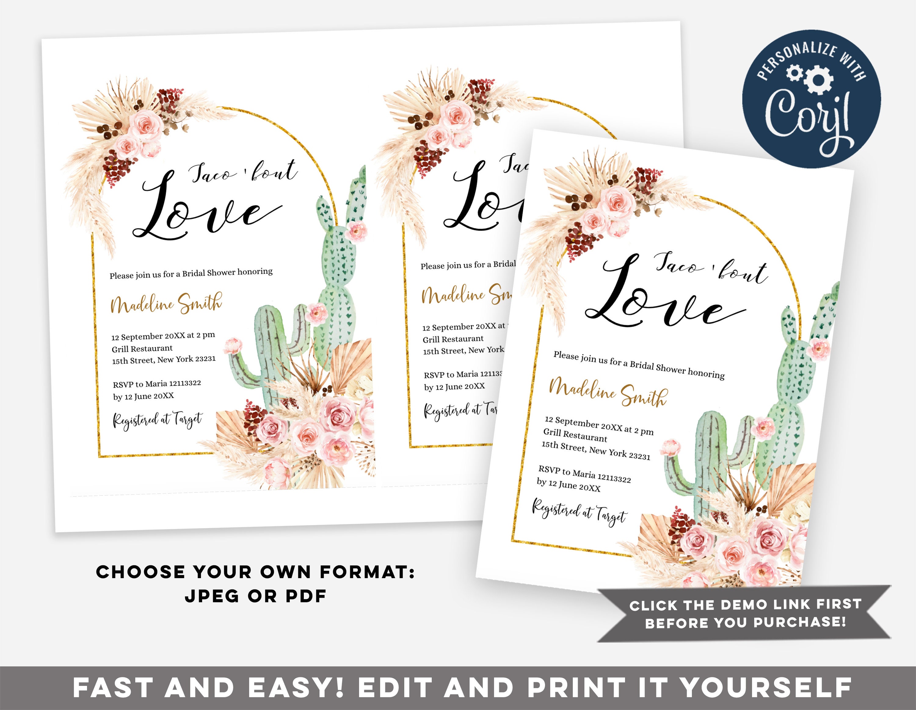 Boho Taco Bout Love Bridal Shower Invitation Boho Cactus - Etsy