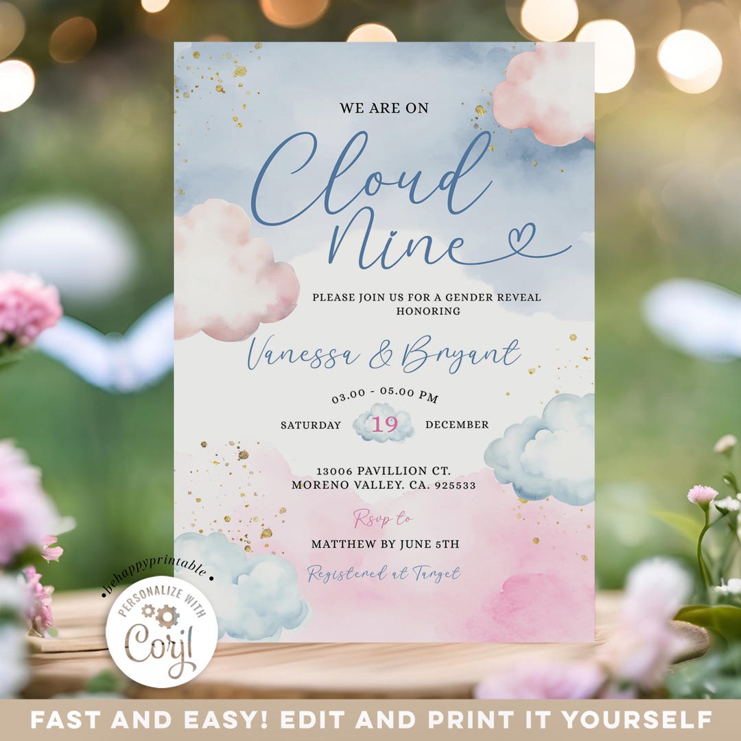 Editable Blue Pink Blush Cloud Gender Reveal Invitation, on Cloud Nine ...
