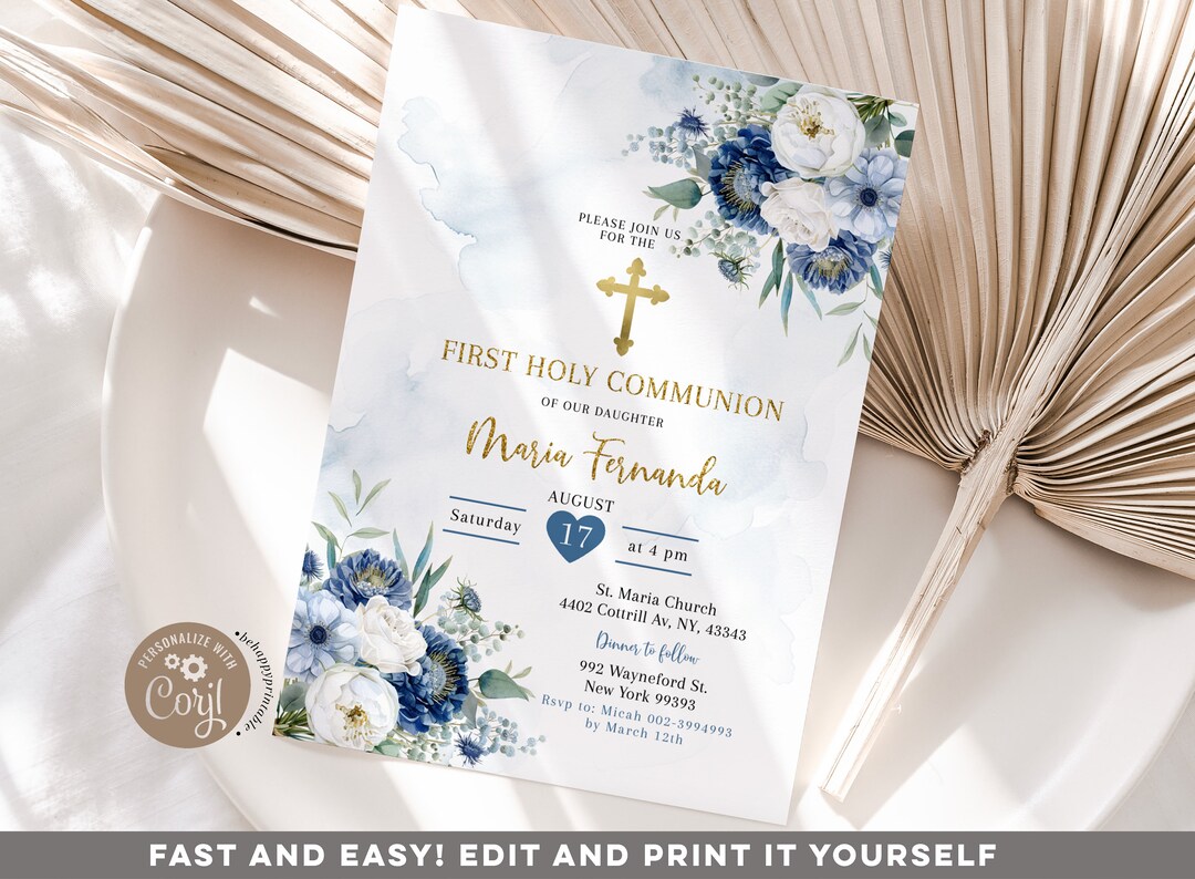 Editable Dusty Blue Gold Holy Communion Invitation, Blue Dusty White ...