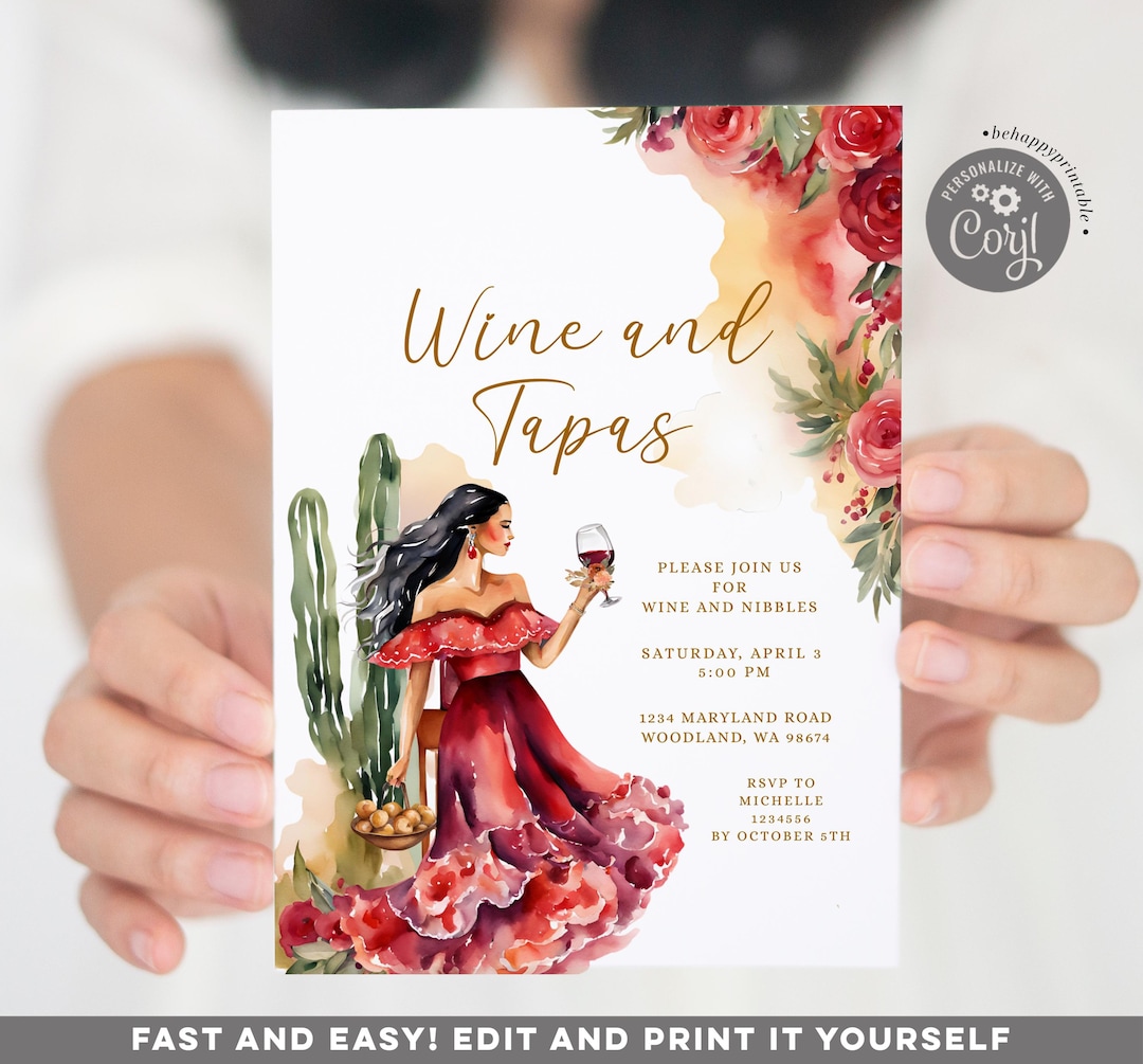 EDITABLE Wine and Tapas Flamenco Spanish Style Dinner Party Invitation ...