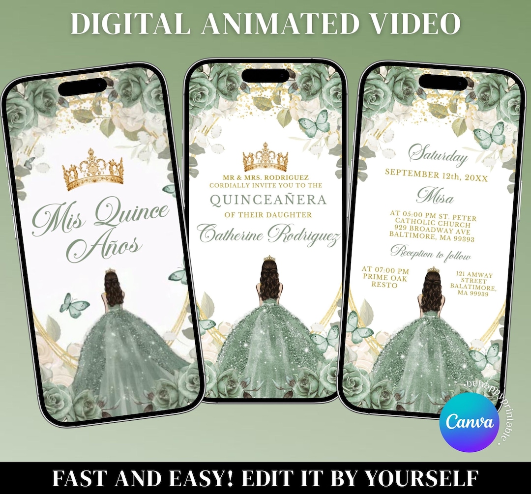Editable Dusty Green Mexican Princess Quinceañera Video Invitation ...