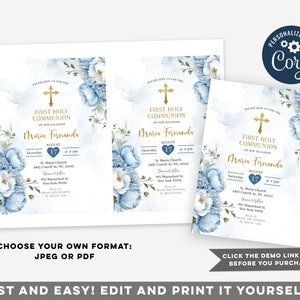 Editable Dusty Blue Flowers Holy Communion Invitation, Blue Dusty Gold ...
