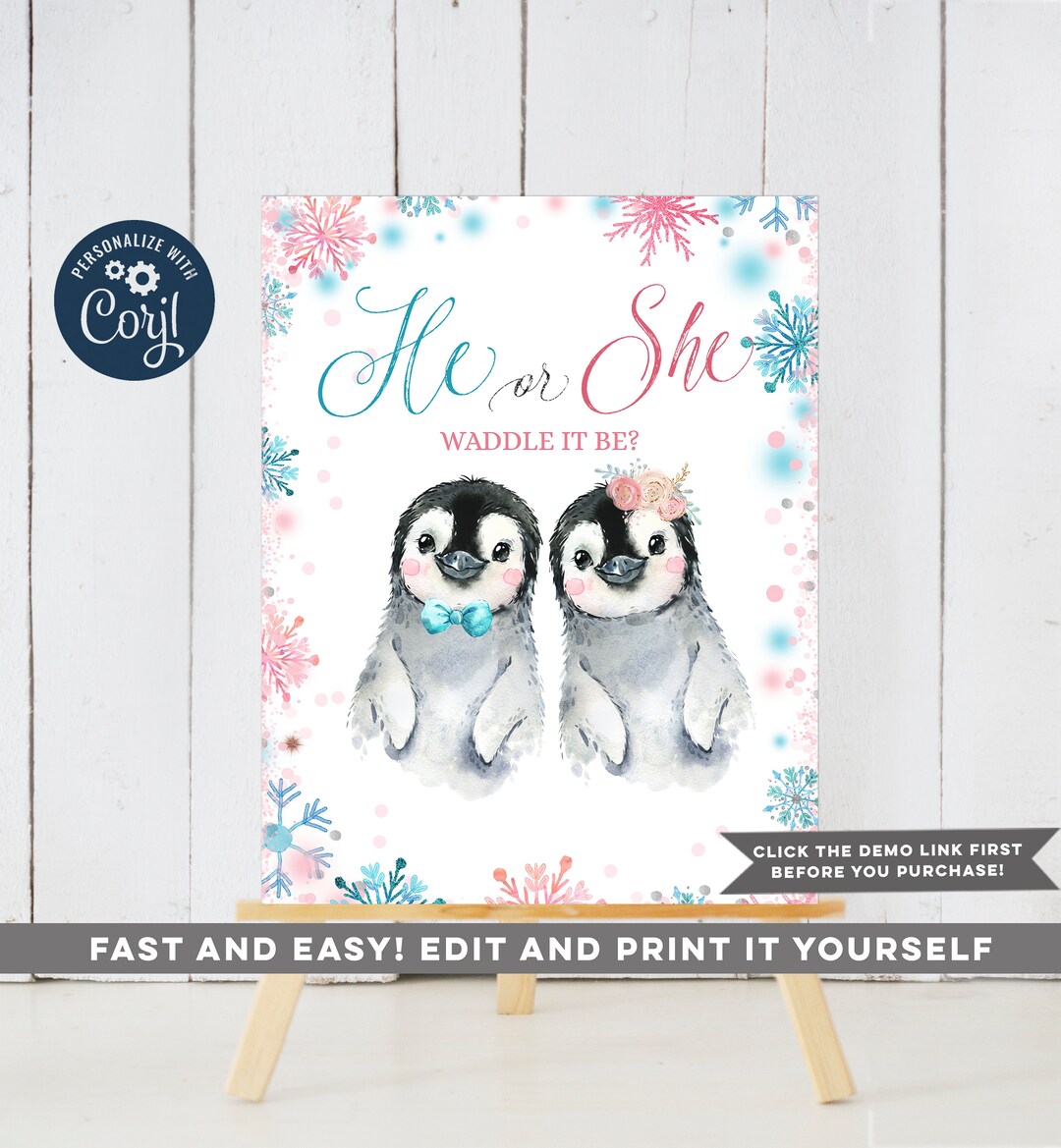 Editable He or She Waddle It Be Sign Cute Penguin Winter - Etsy