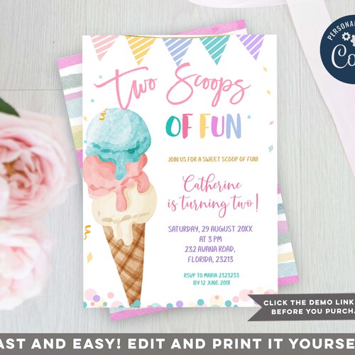 Editable Ice Cream Invitation Three Scoops of Fun CANVA - Etsy