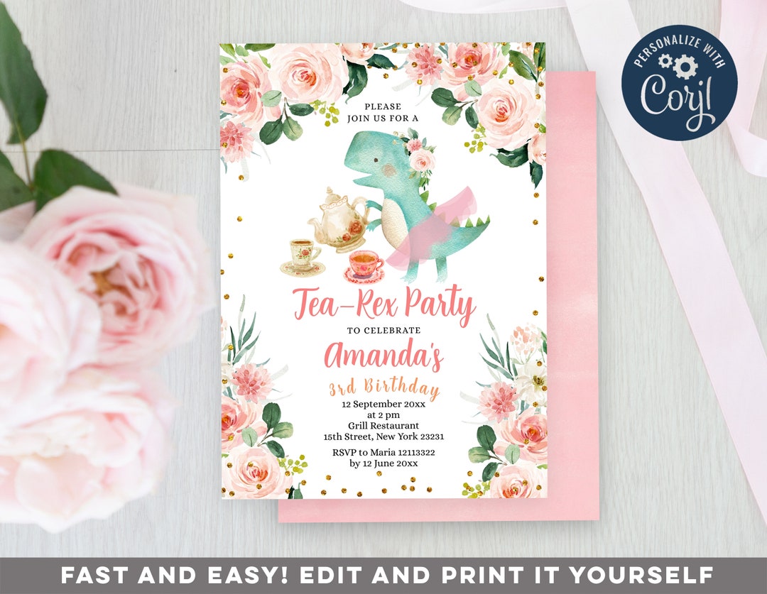 Tea-rex Tutu Party Dinosaur 3rd Birthday Invitation, Editable Girl ...