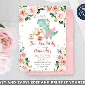 Tea-rex Tutu Party Dinosaur 3rd Birthday Invitation Editable - Etsy