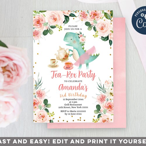 Tea-rex Tea Party Birthday Invite Dinosaur Party Invitation - Etsy