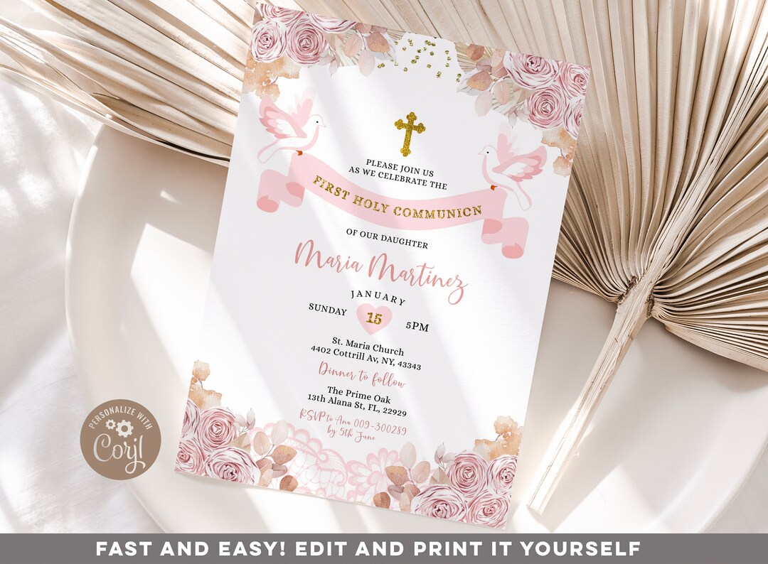 EDITABLE Girl Boho Pink Floral 1st Holy Communion Holy Spirit ...