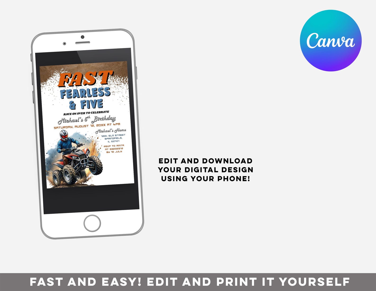 Editable Fast Fearless & FIVE Racing Birthday Invitation, Muddy ATV Any ...