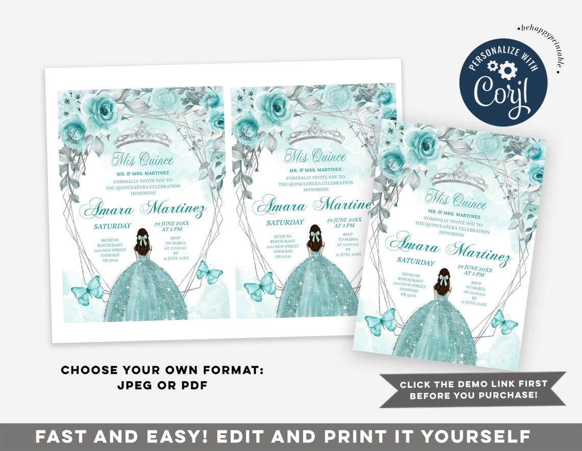 Silver and Aqua Teal Quinceañera Invitation, Turquoise Dress Girl Sweet ...